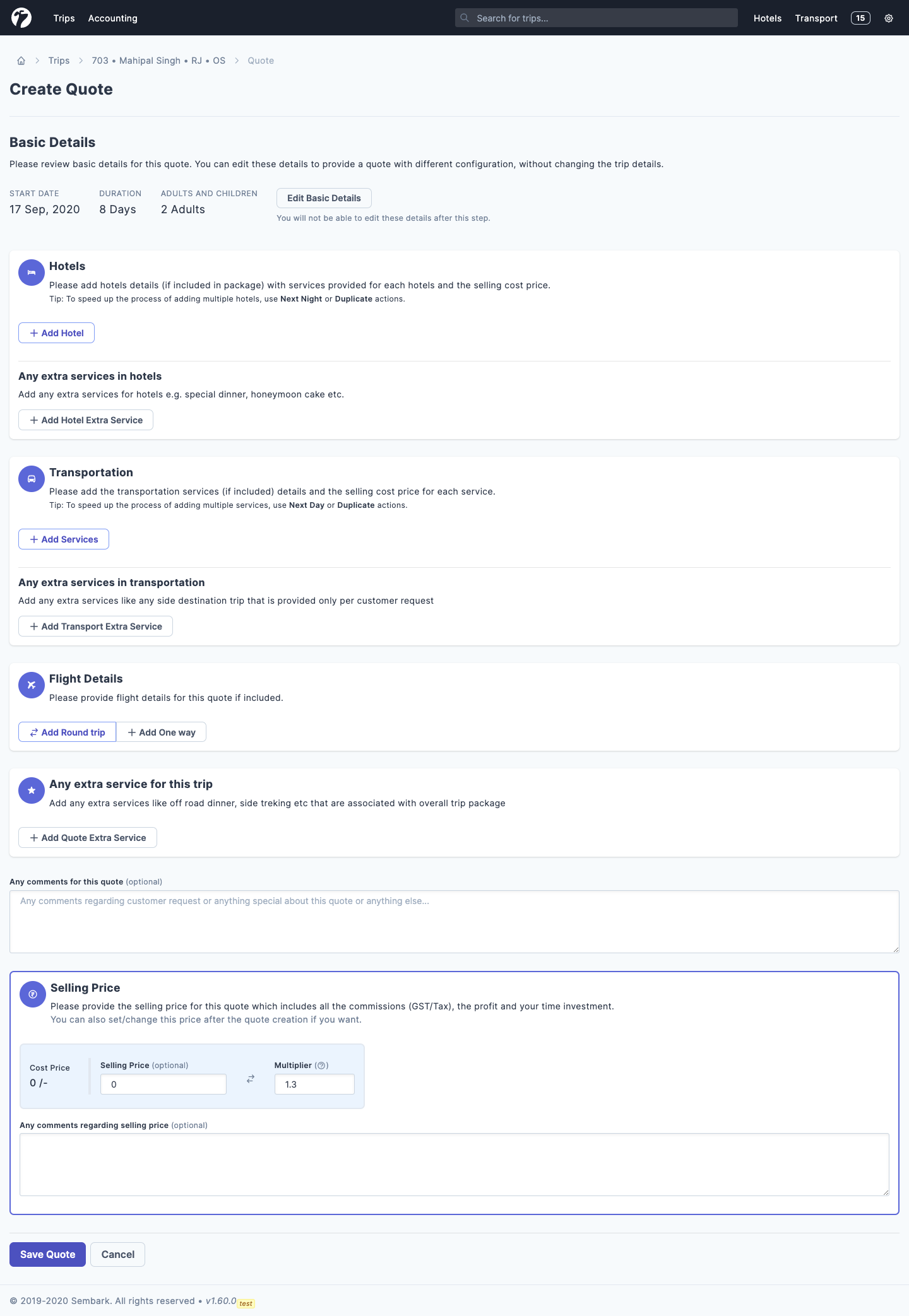 Create New Quote | Sembark Travel Software