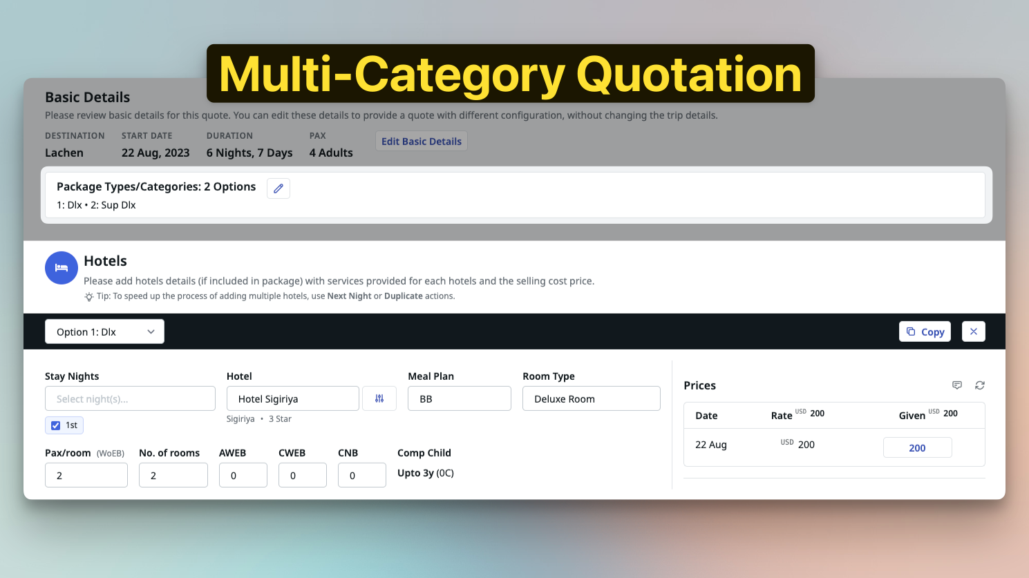 Multi-Category Quotations | Sembark Travel Software