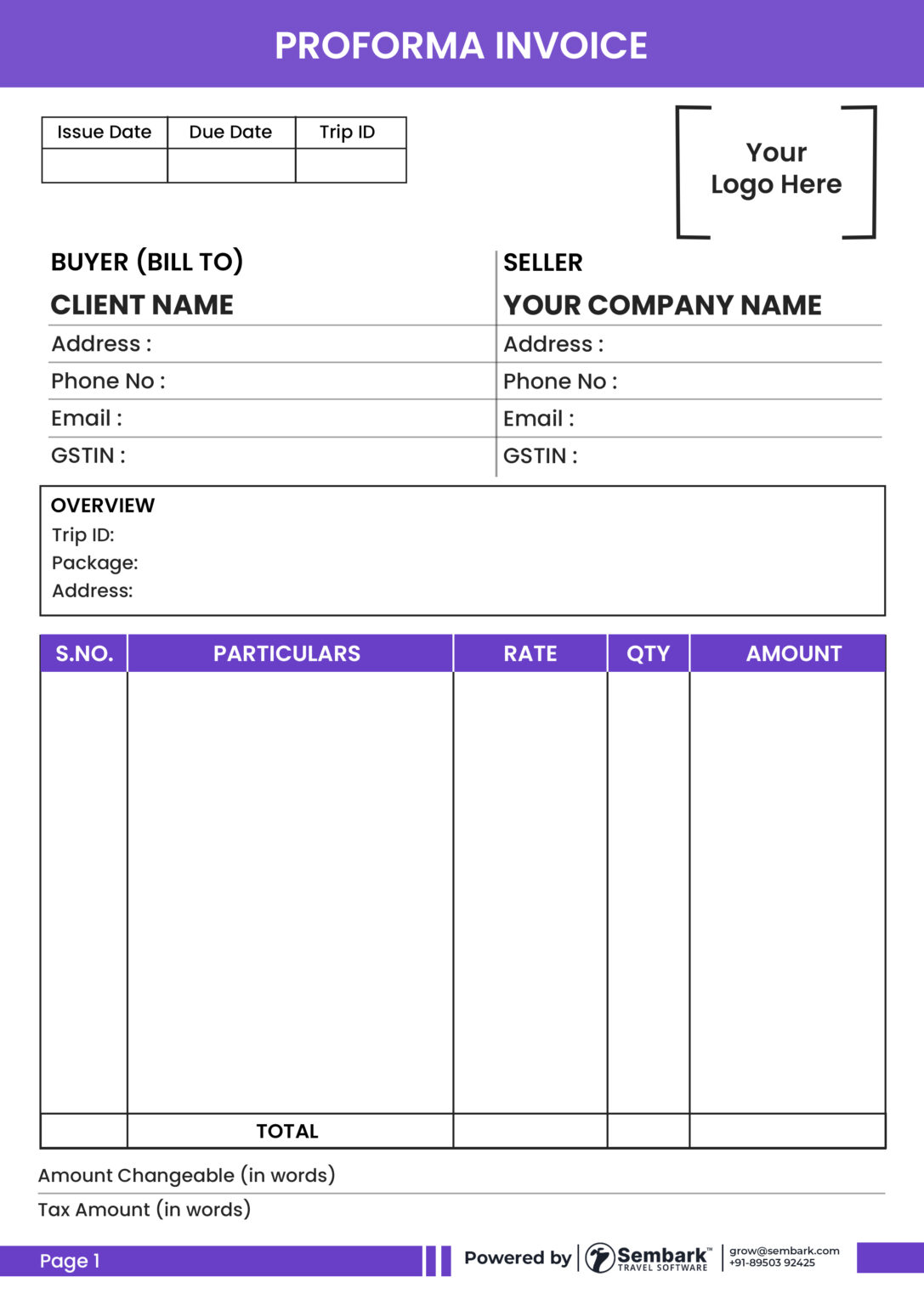 Proforma Invoice Template Free Download for Travel Businesses (Word ...